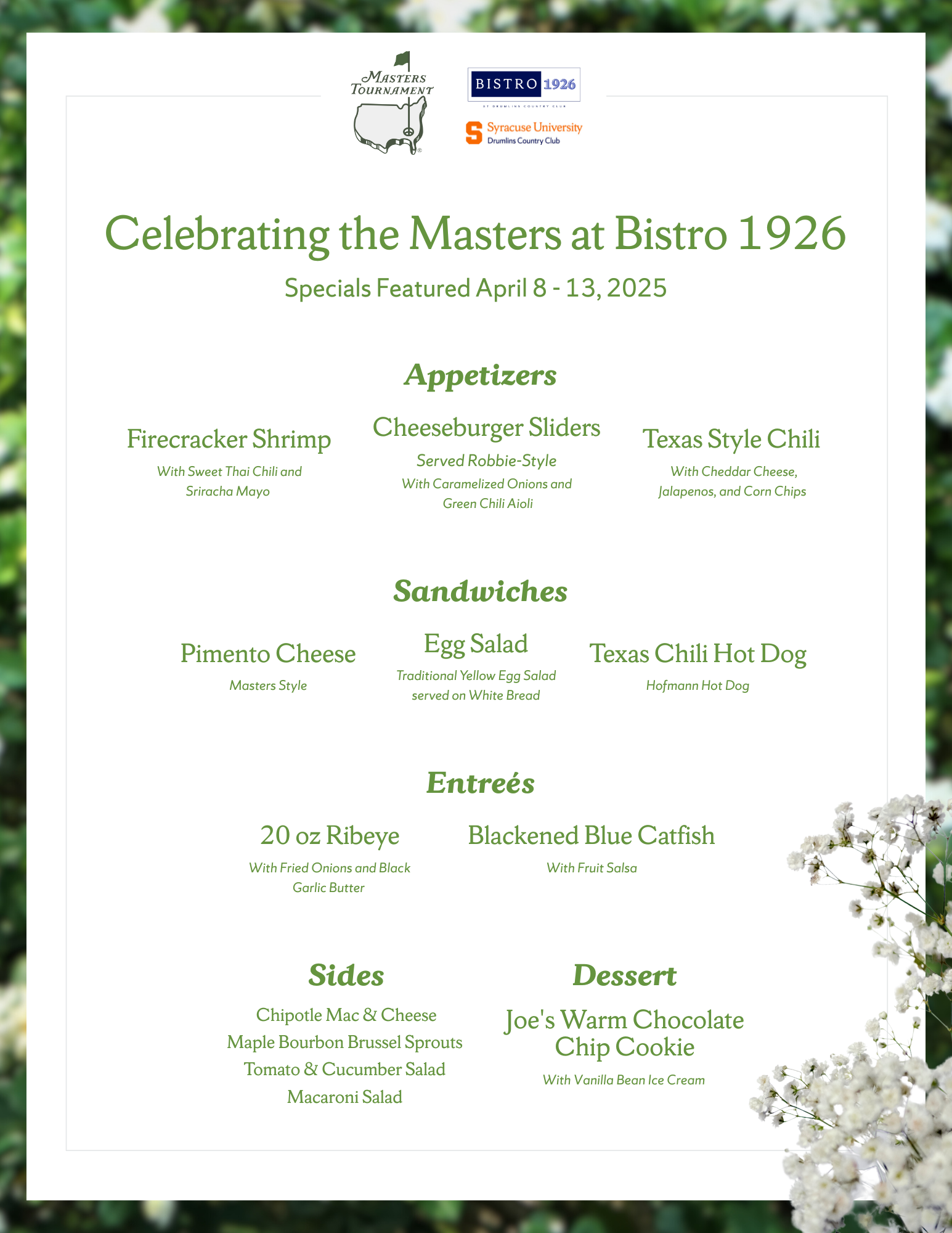 Masters Menu Specials at Bistro 1926 - Drumlins – Syracuse University